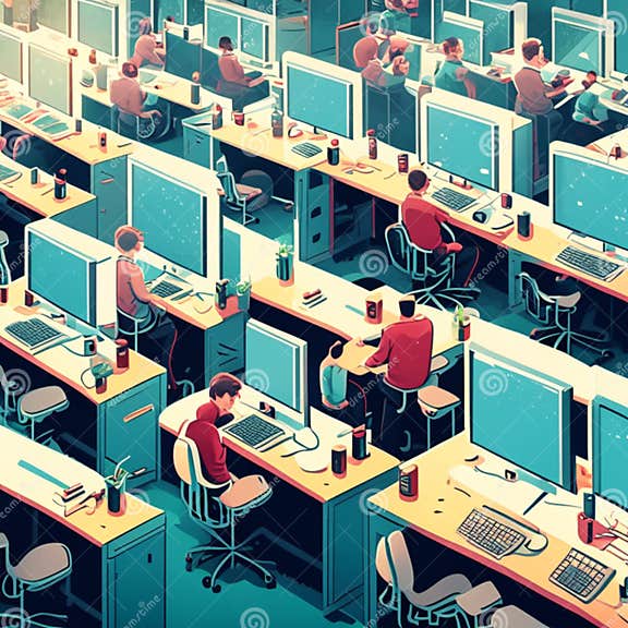 3D Illustration of People Working in a Computer Room. Workplace with ...