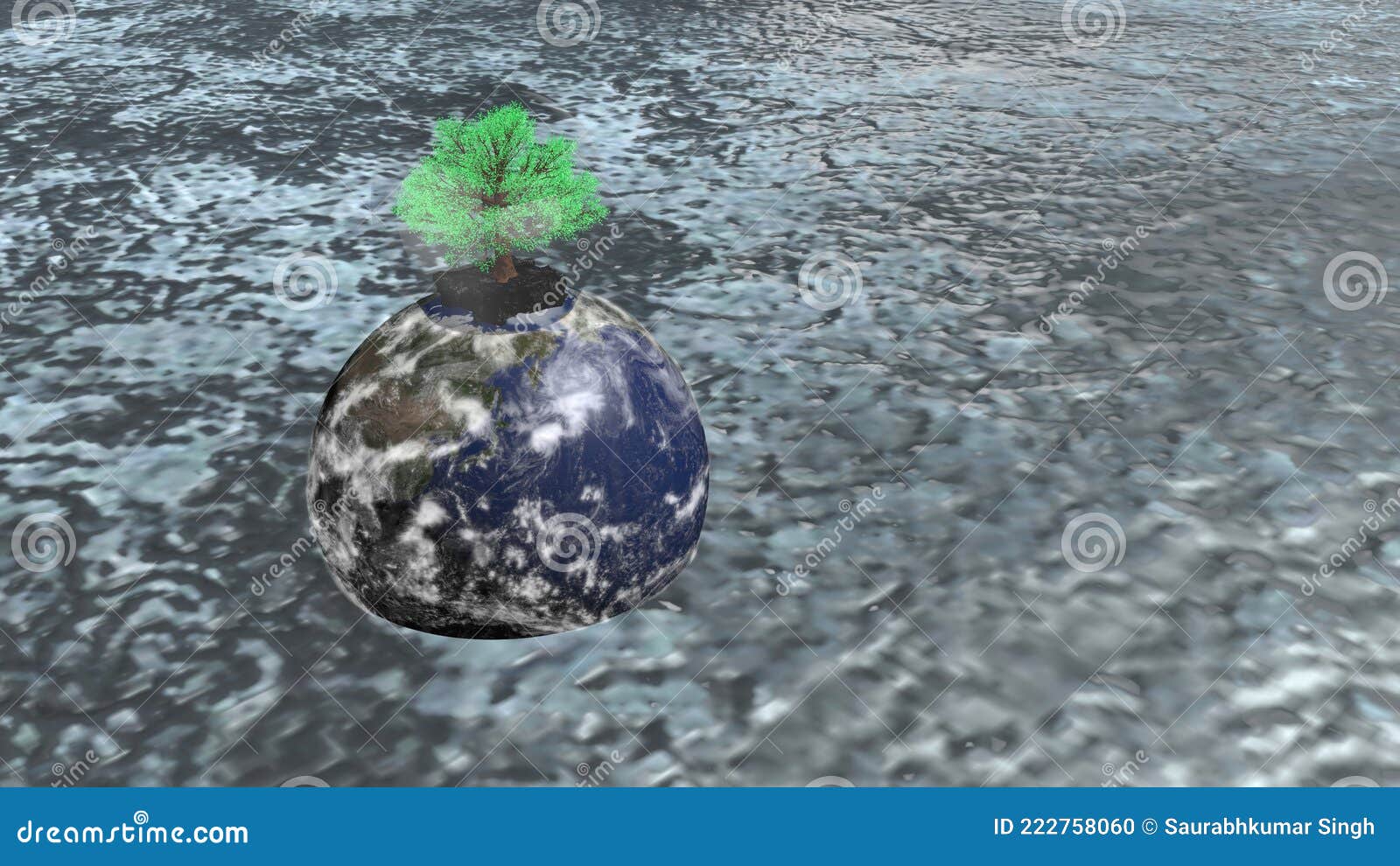 3D Illustration of Planet Earth Globe Floating Over Water with a Tree ...