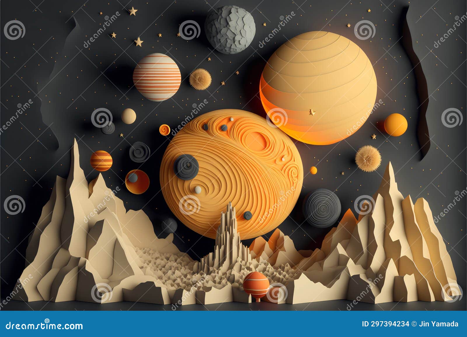3D Illustration of Planets in Space with Stars and Planets. Paper Art ...