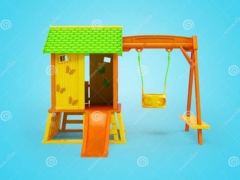 3d Illustration of Playhouse with Swing for Development on Blue ...