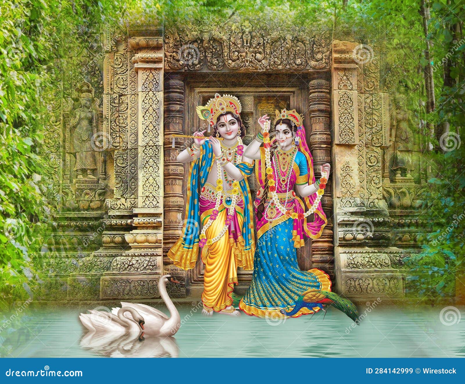 3D Illustration of Radha Krishna Standing Front of Temple Stock ...