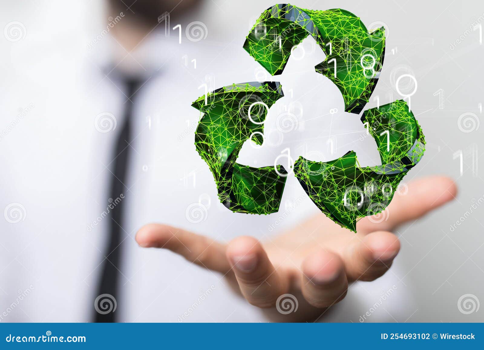3D Illustration of a Recycling Icon and Binary Code on a Hand Stock ...