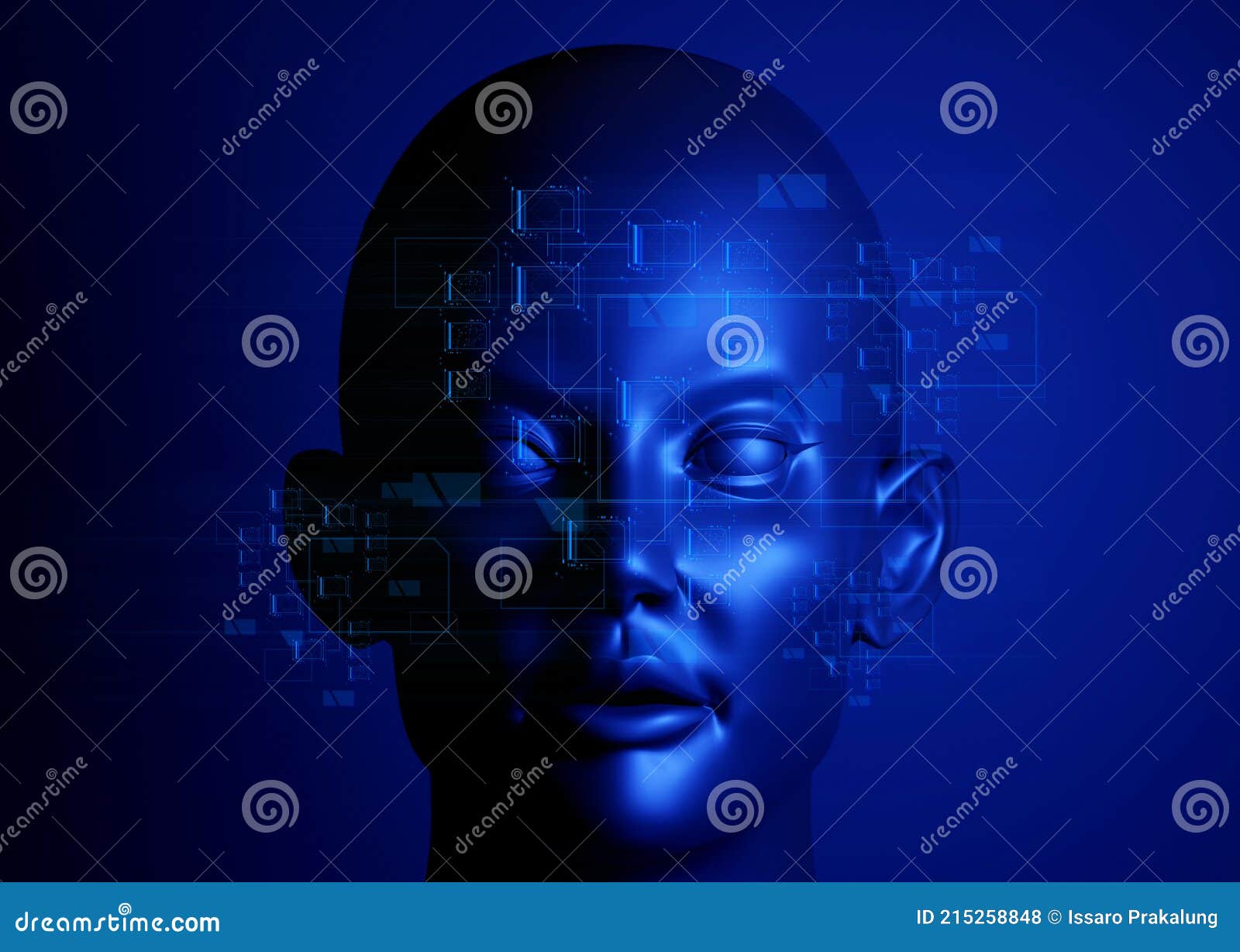 3d Illustration Rendering, Ai Robot Head Bionic Face with Data Internet ...