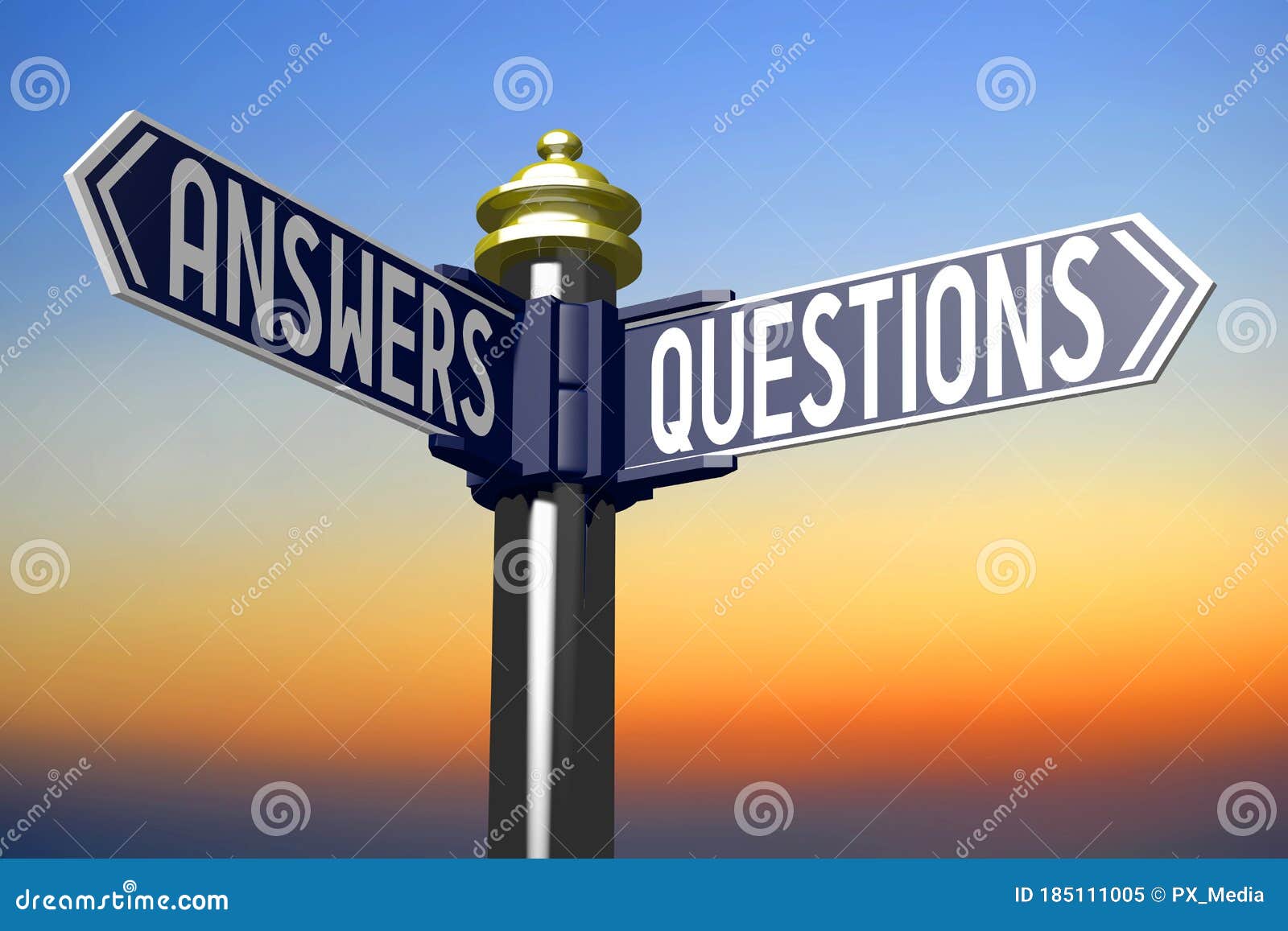 Questions, Answers - Signpost with Two Arrows, Sunset Sky Stock ...
