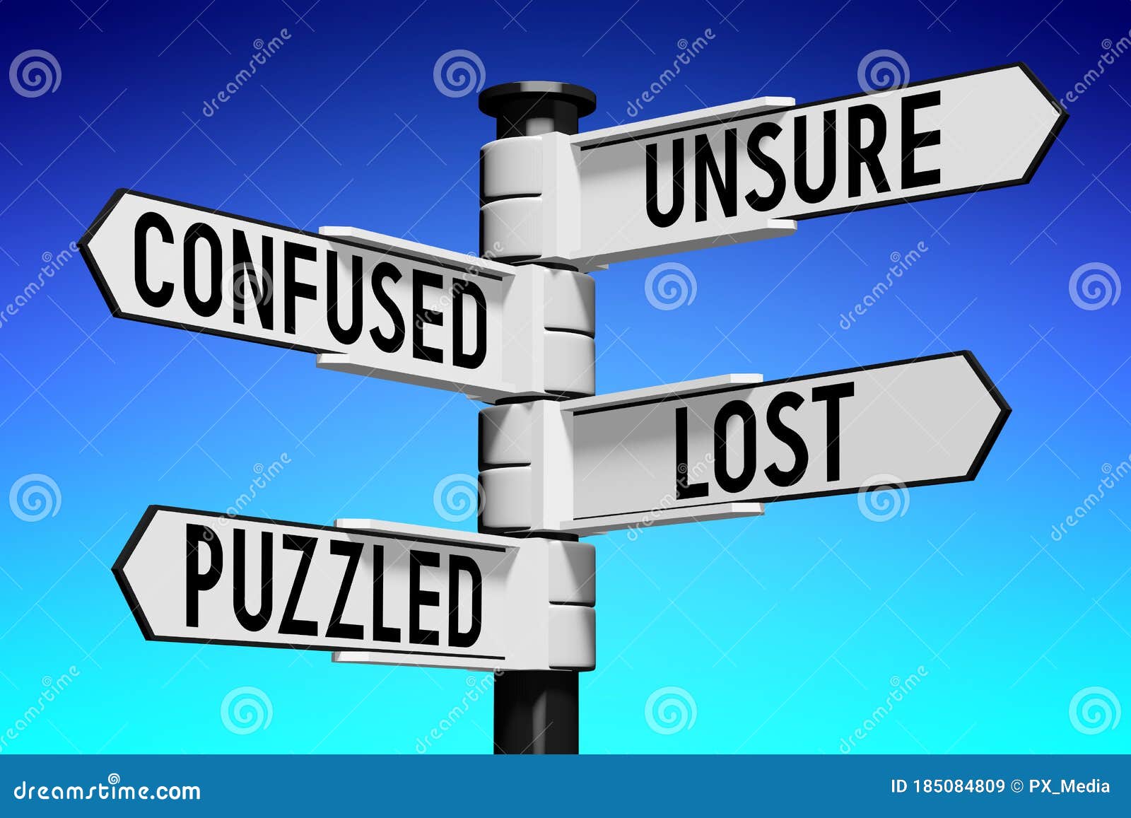 Unsure, Confused, Lost, Puzzled - Signpost with Four Arrows Stock ...