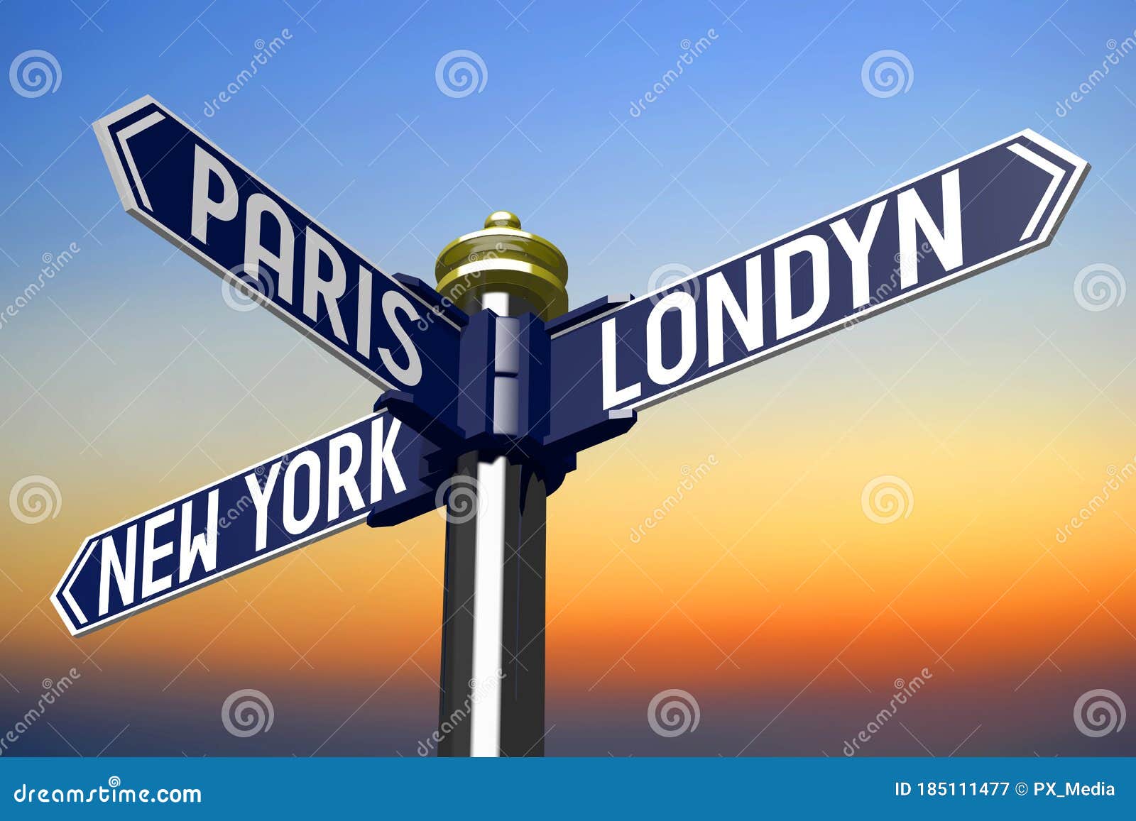 Paris, London, New York - Signpost with Three Arrows, Sunset Sky Stock ...