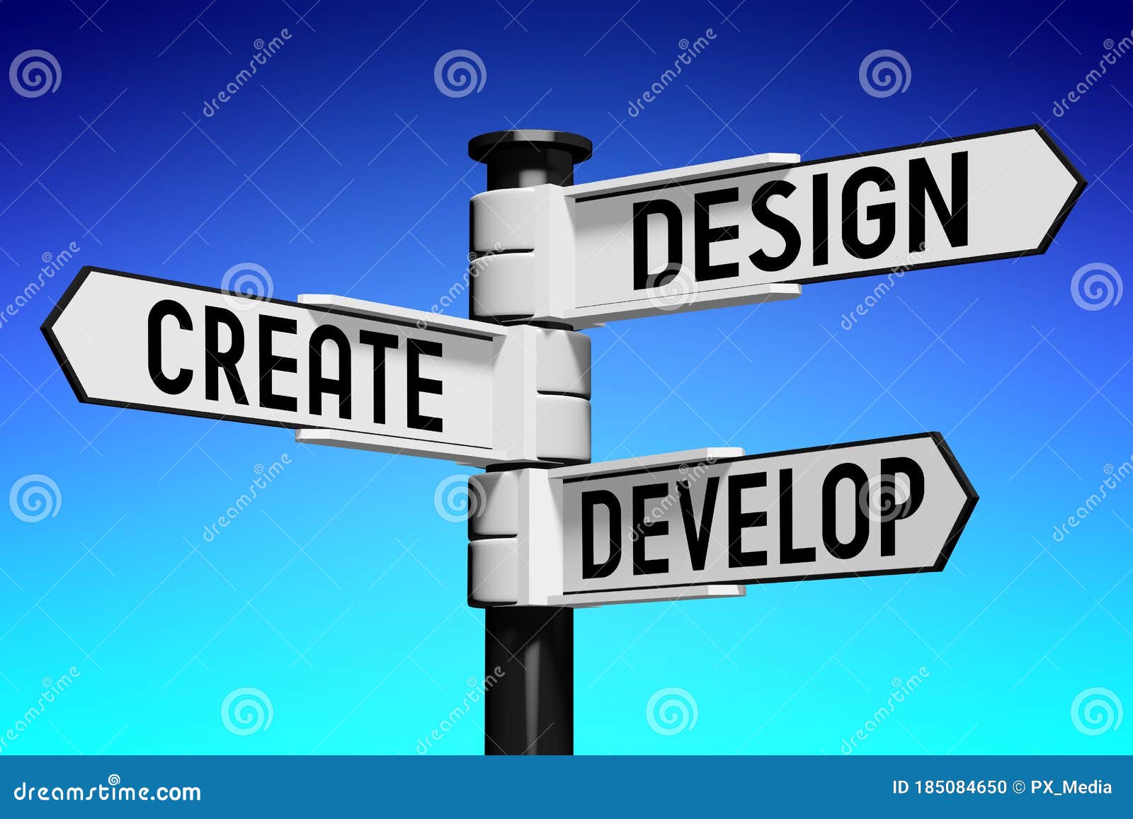Design, Create, Develop - Signpost with Three Arrows Stock Illustration ...