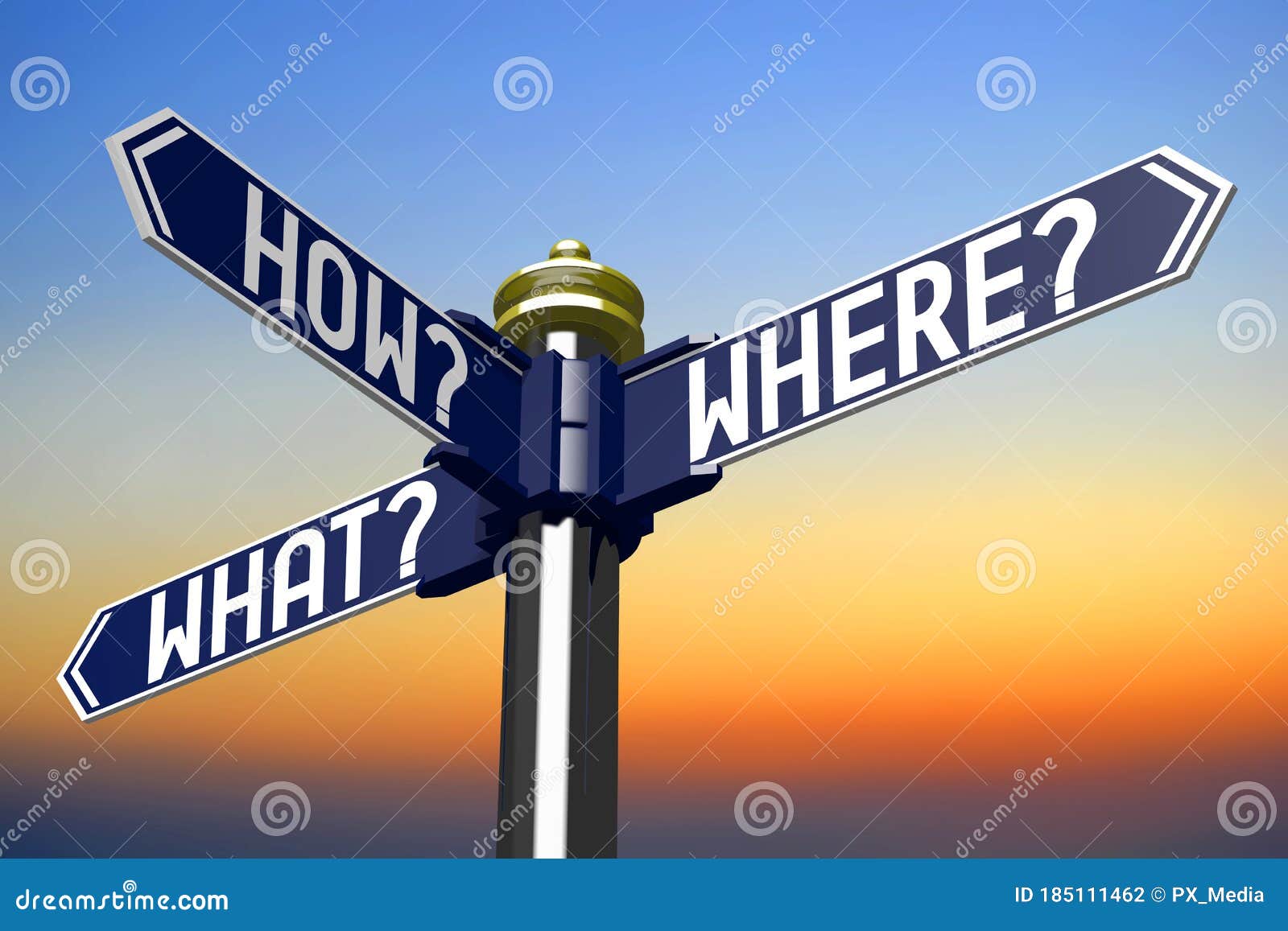 What?, How?, Where? - Signpost with Three Arrows, Sunset Sky Stock ...