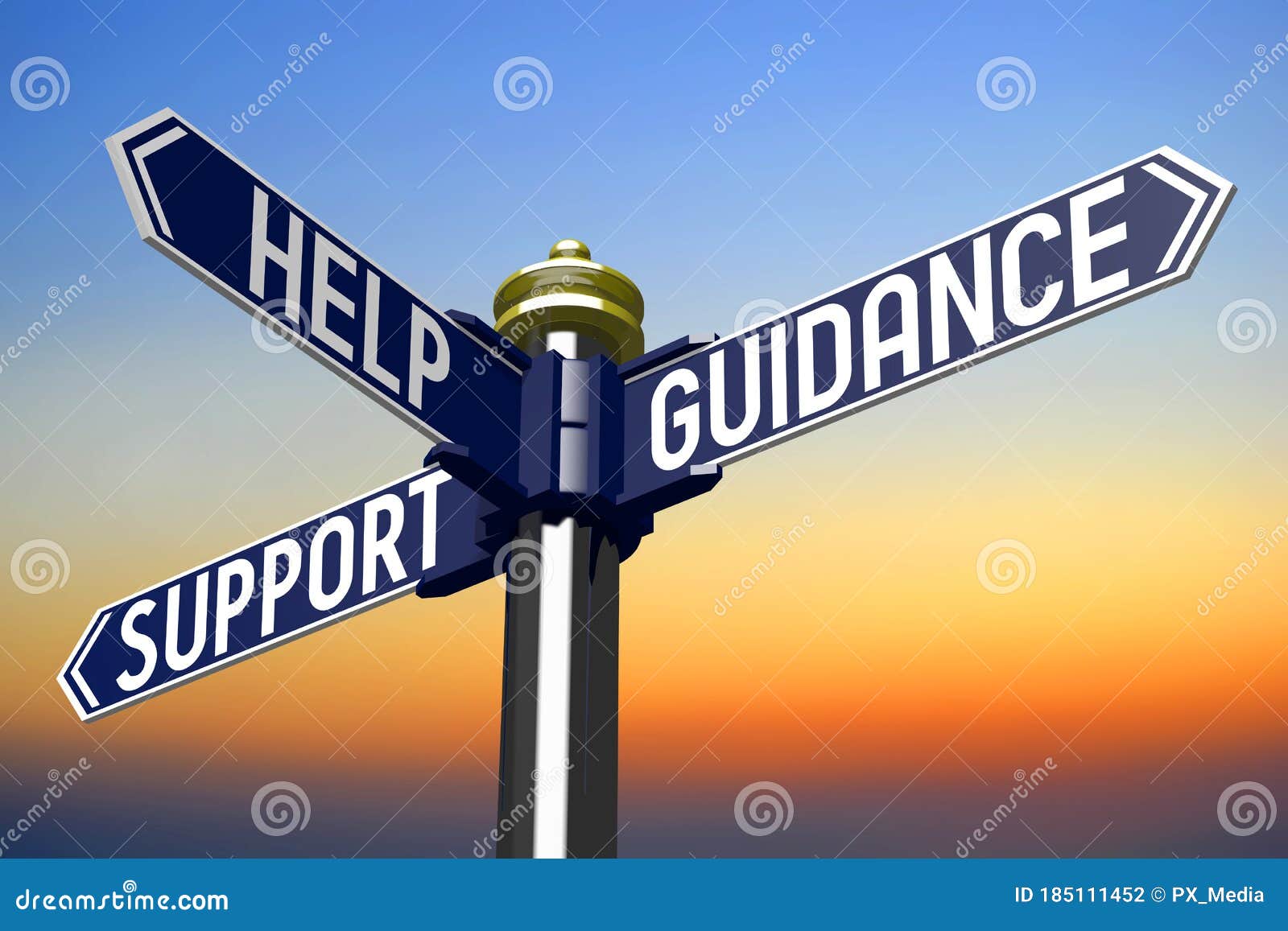 Help, Support, Guidance - Signpost with Three Arrows, Sunset Sky Stock ...