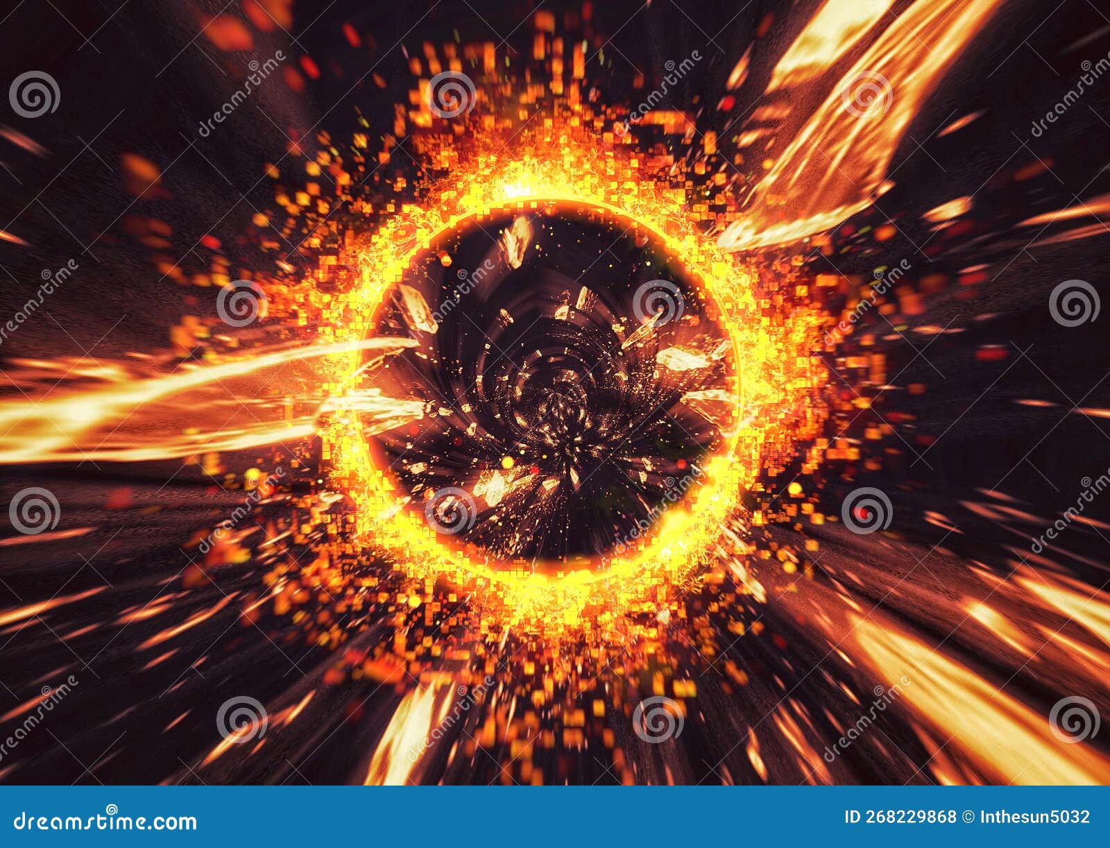 3d Illustration of a Ring of Flames Exploding and Scattering Debris ...