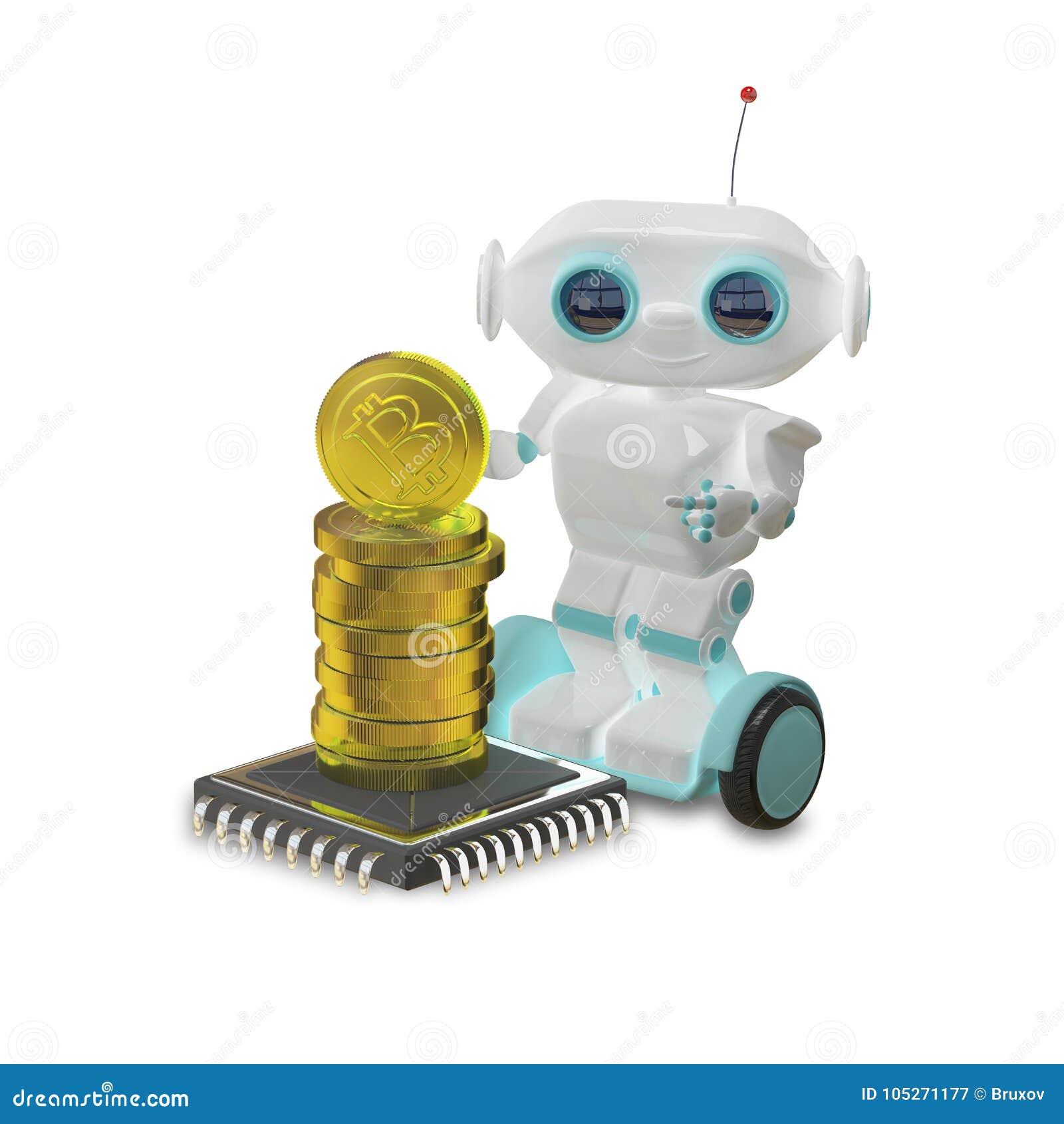 3D Illustration Robot and Bitcoins Stock Image - Illustration of ...