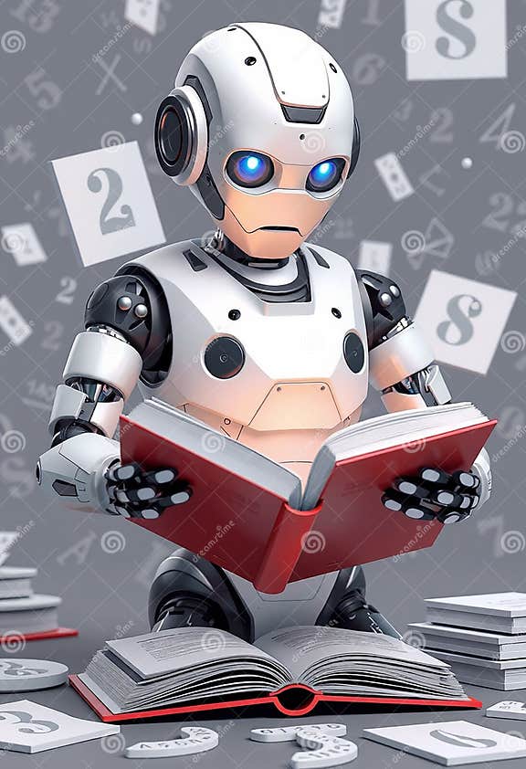3D Illustration of Robot Humanoid Reading Book and Solving Math Stock ...