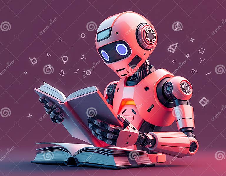 3D Illustration of Robot Humanoid Reading Book and Solving Math Stock ...