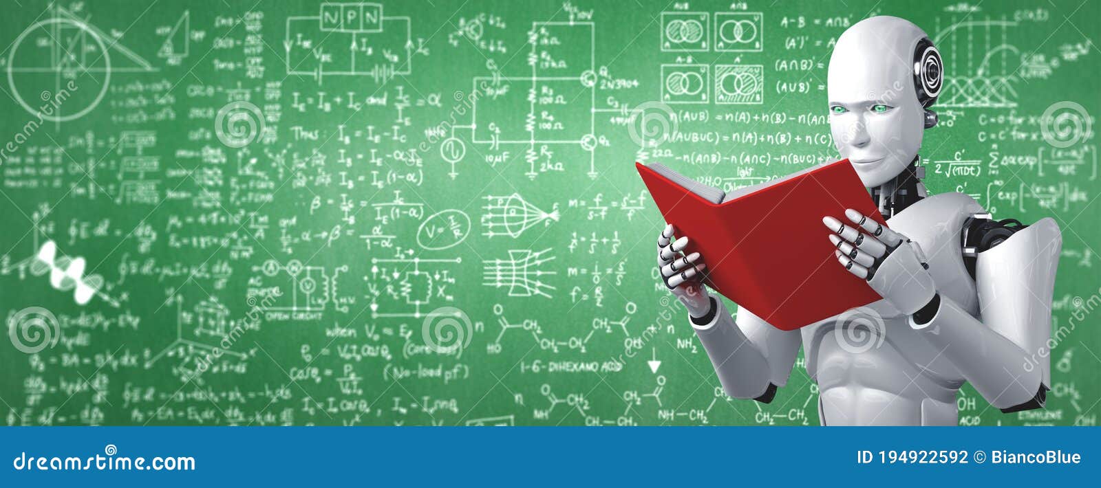 3D Illustration of Robot Humanoid Reading Book and Solving Math Stock ...