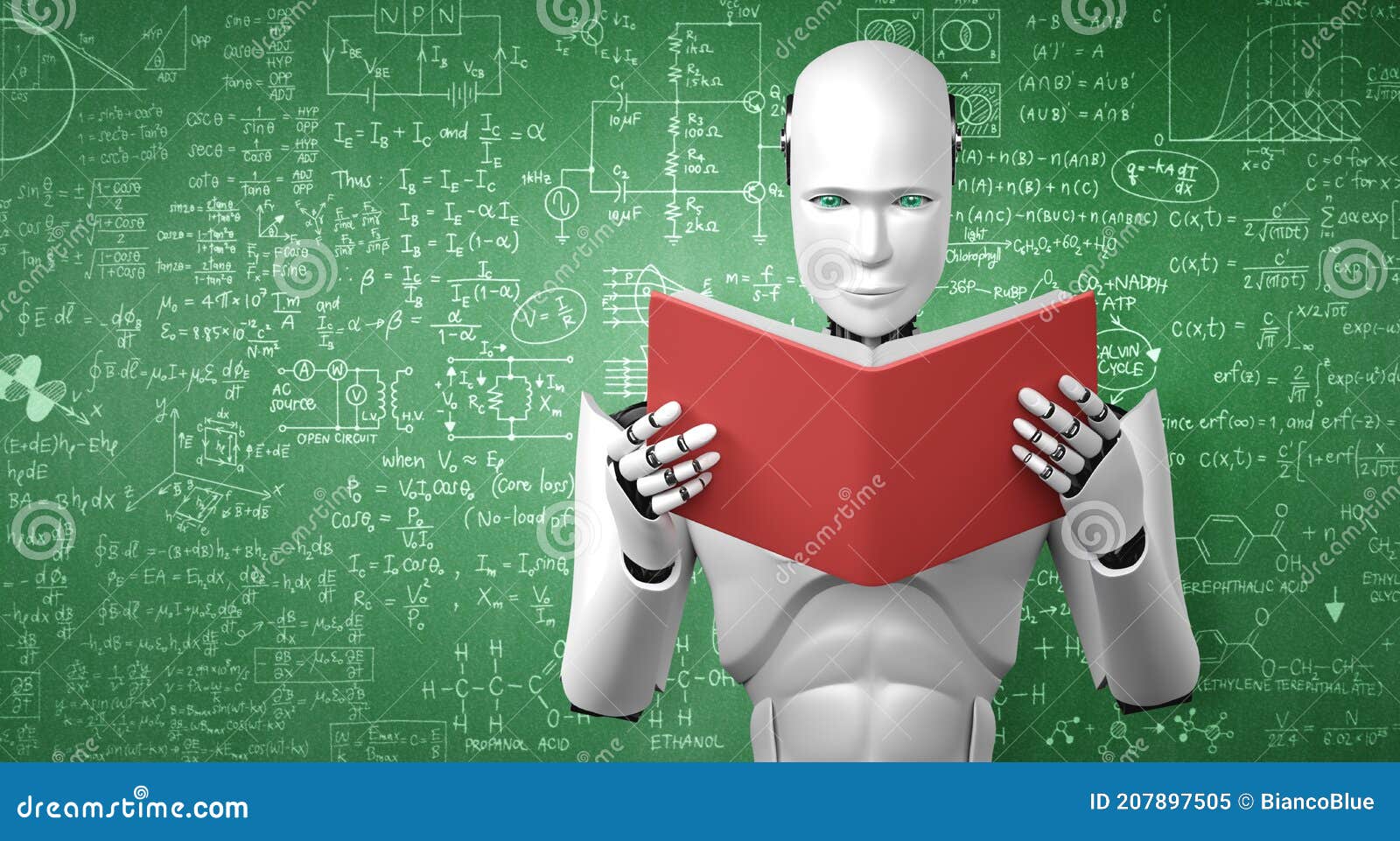 3D Illustration of Robot Humanoid Reading Book and Solving Math Stock ...
