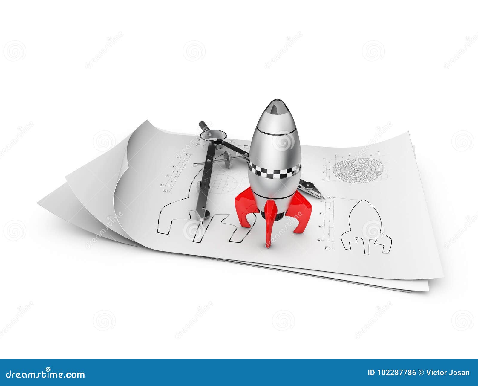 3d Illustration of Rocket Space Ship on the Drawing, Isolated White ...