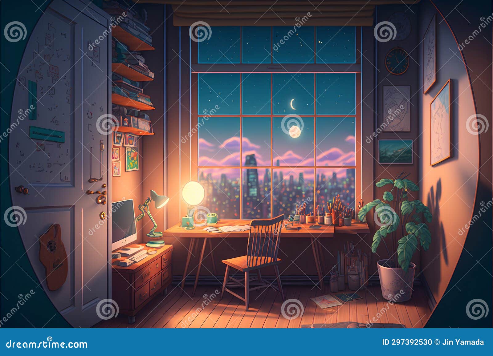 3d Illustration of a Room with a Window Overlooking the Night City ...