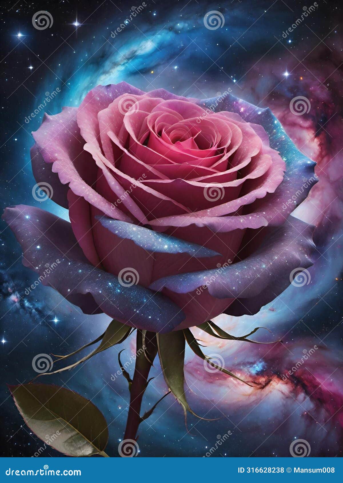 3d Illustration of a Rose in the Night Sky with Galaxy Stock ...
