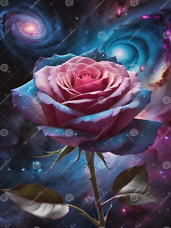 3d Illustration of a Rose in the Night Sky with Galaxy Stock ...