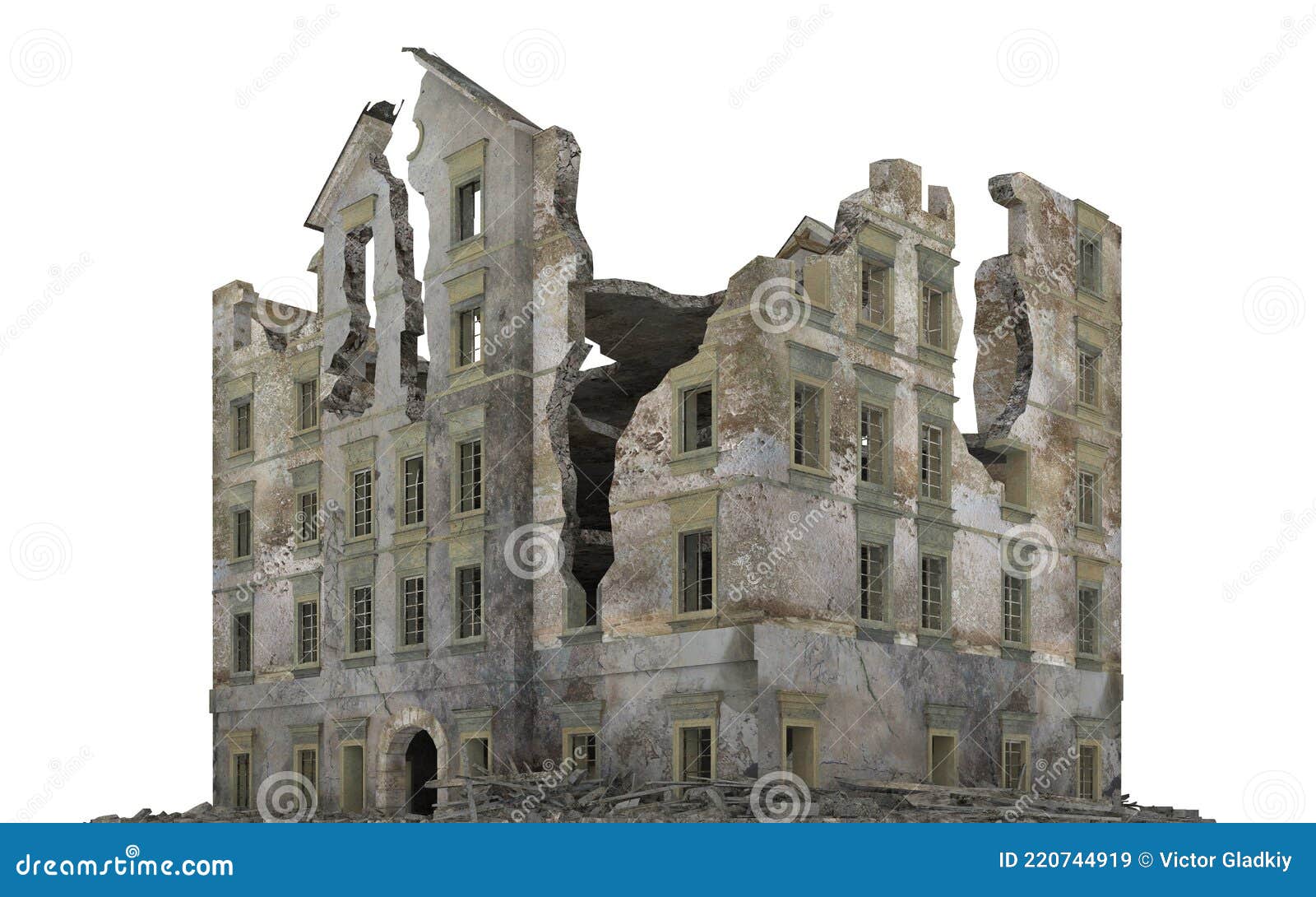 Ruined City Building Isolated on White 3d Illustration Stock ...