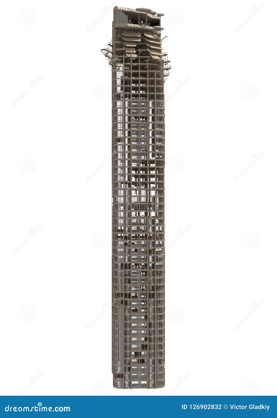 Ruined Skyscraper Isolated on White 3D Illustration Stock Illustration ...