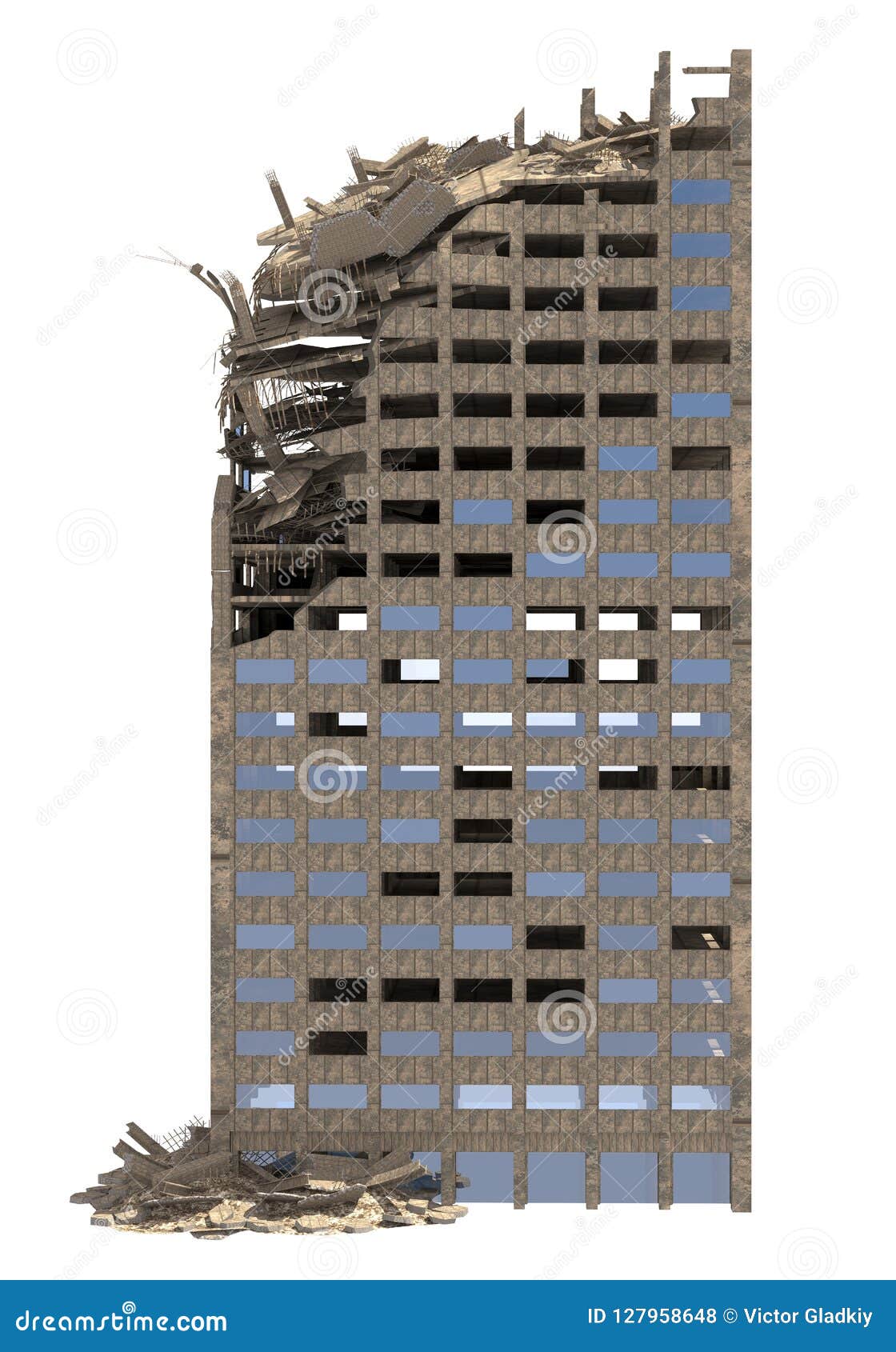 Ruined Skyscraper Isolated on White 3D Illustration Stock Illustration ...