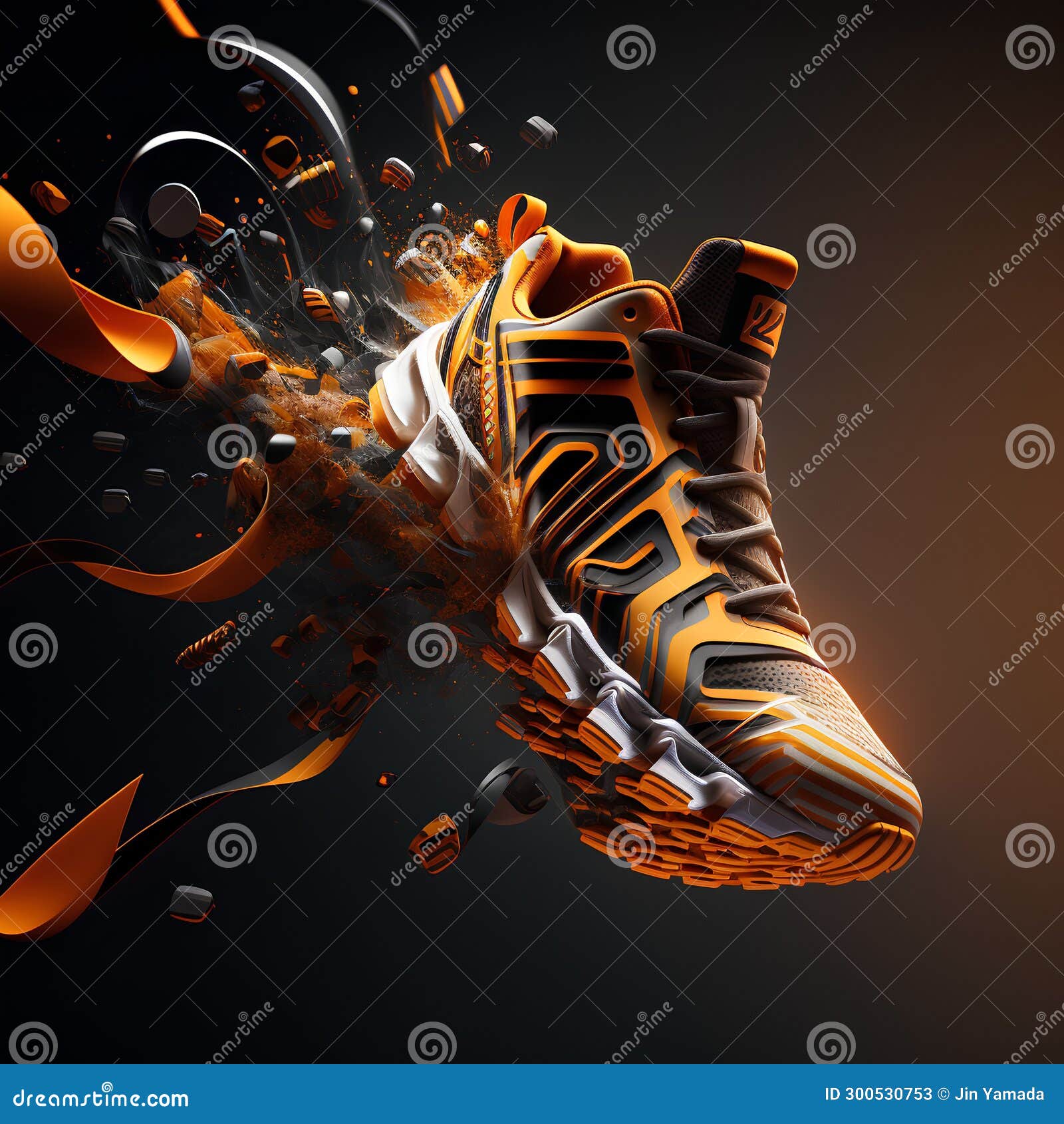 3d Illustration of Running Shoe with Explosion and Particles on Black ...