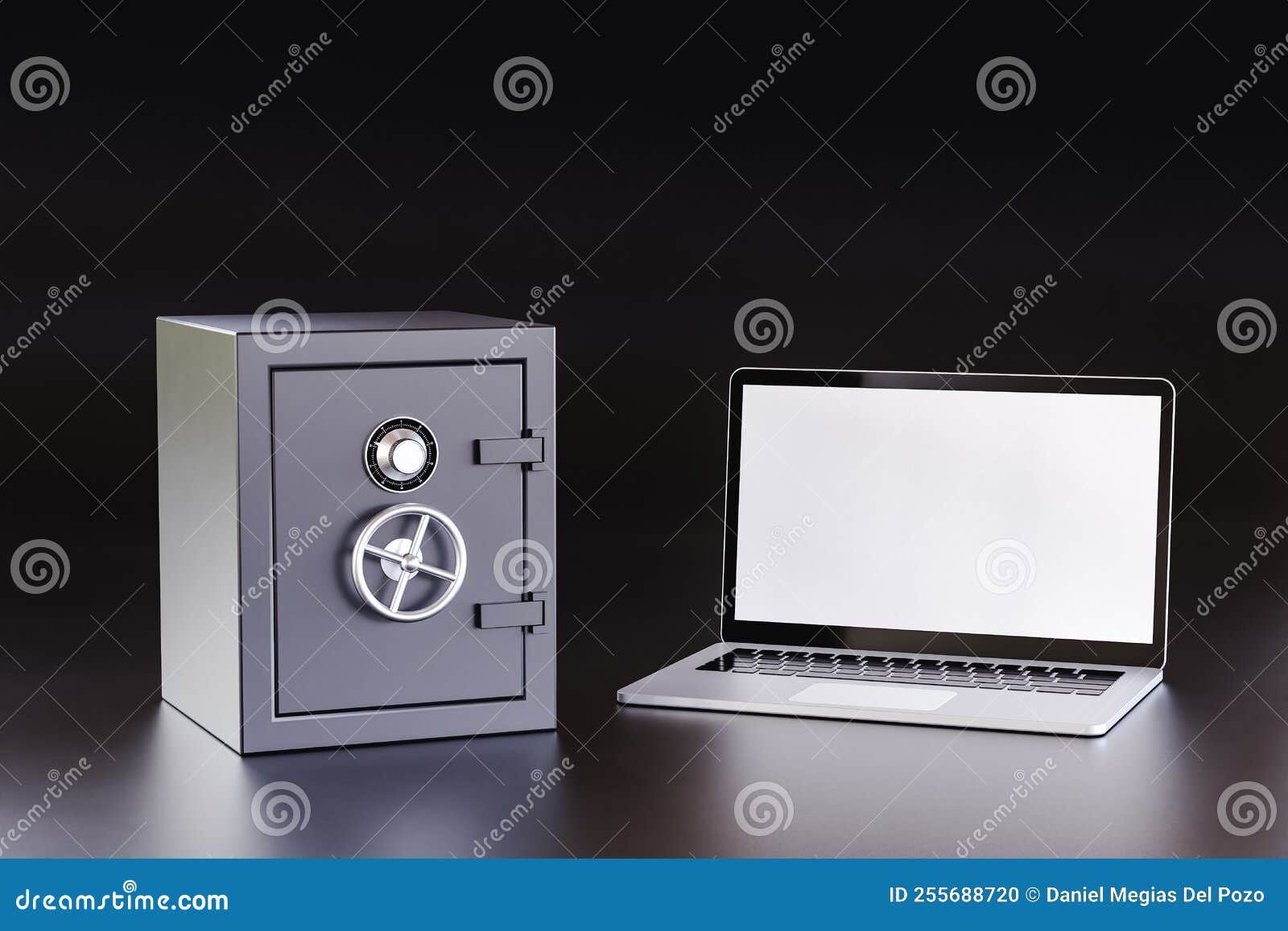 3D Illustration. Safety Box and Laptop Computer with a Blank White ...