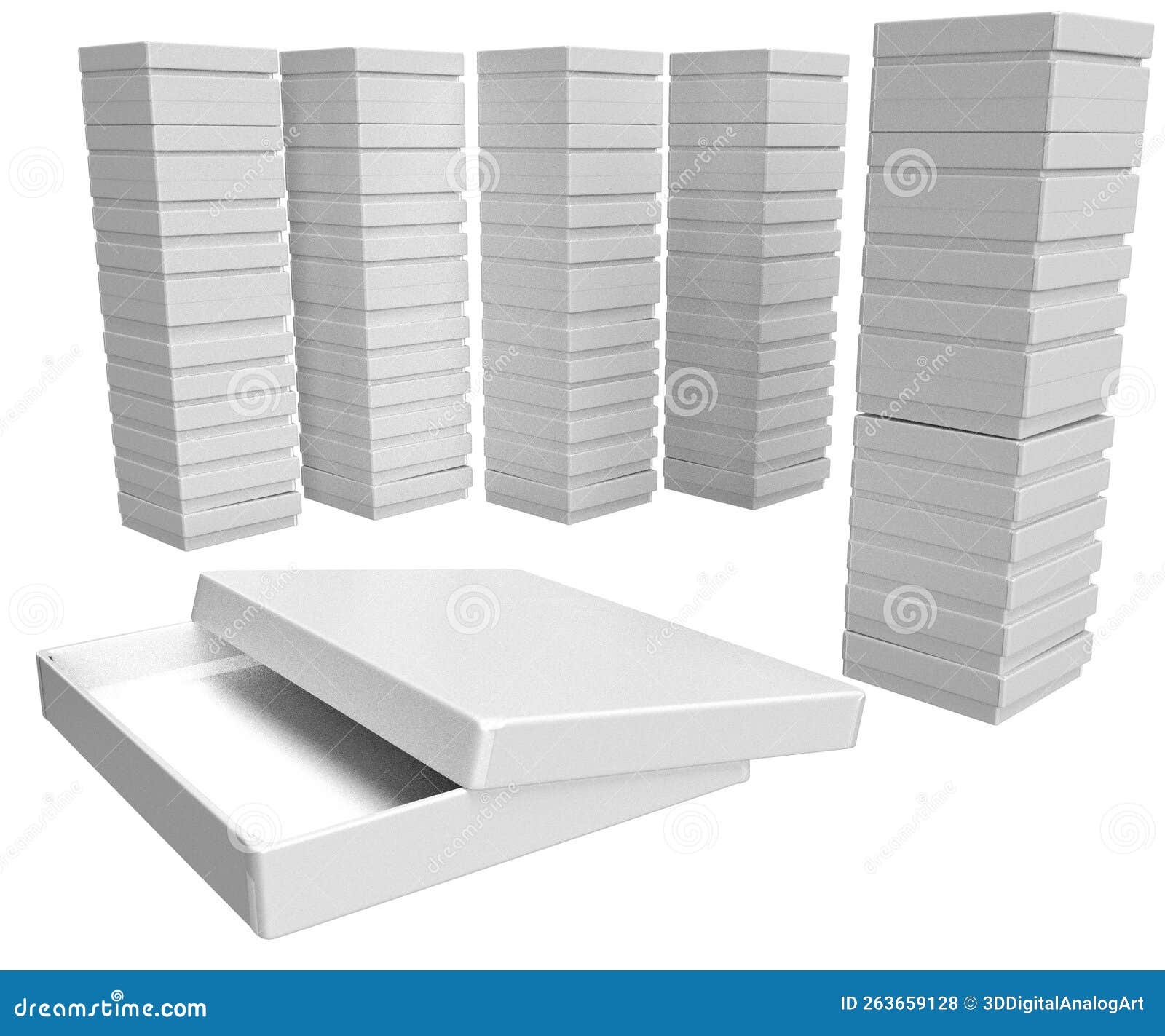 3D Illustration - Set of Blank and Empty Flat Boxes - Stack - Open Lid ...
