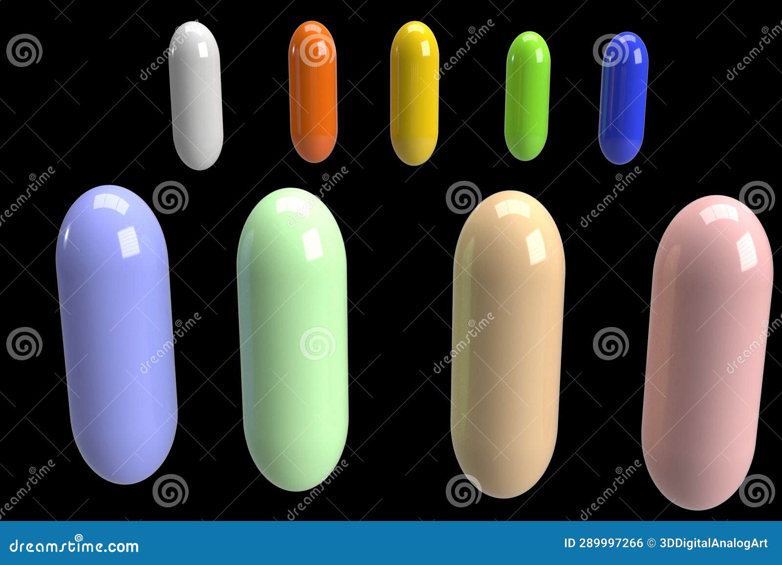3D Illustration: Set of Tablet Capsules - Black Background Stock ...