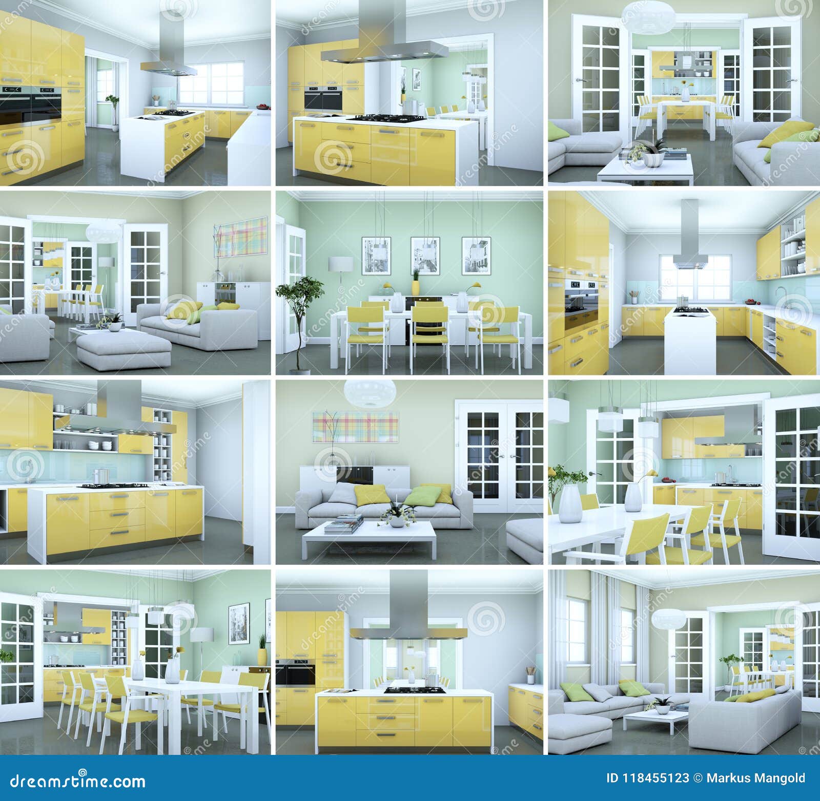 Set of Yellow Kitchens in Modern Interior Design Stock Illustration ...