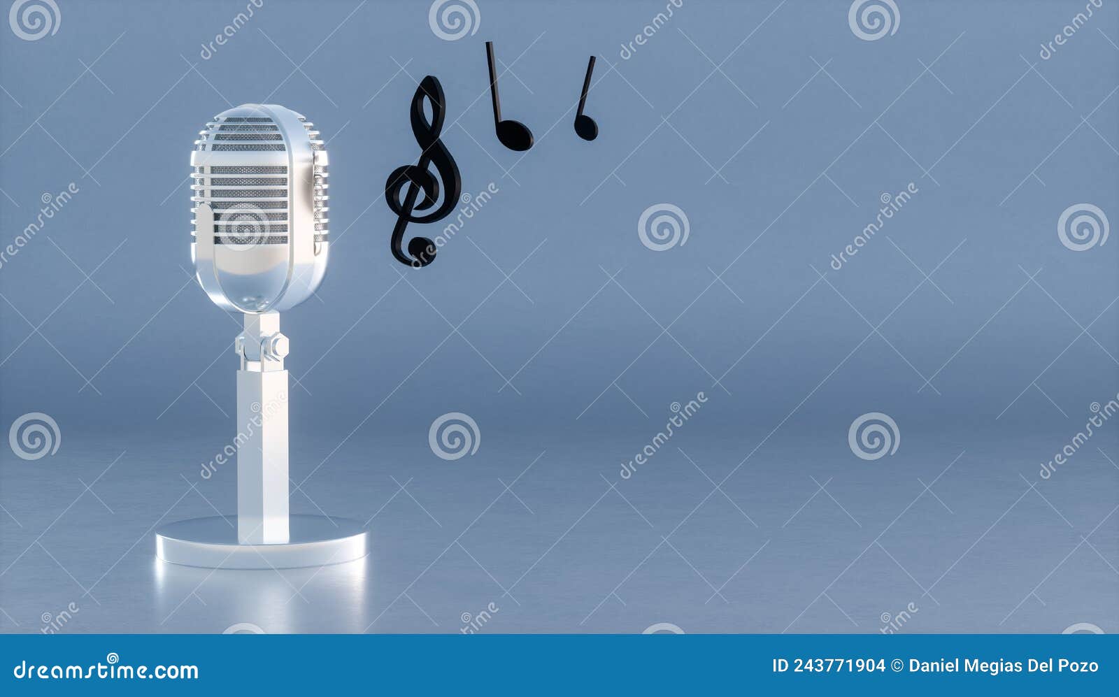 3D Illustration. Shiny Silver Metal Microphone with Musical Notes Stock ...