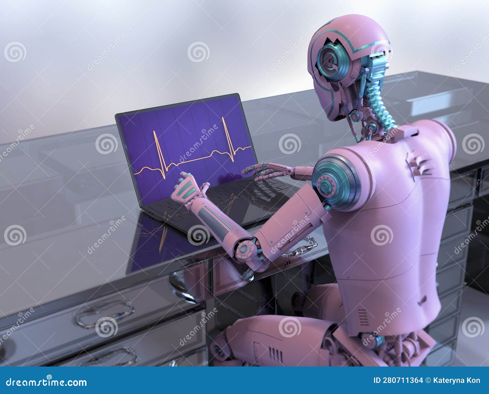 A 3D Illustration Showcasing a Humanoid Robot Working with a Laptop ...