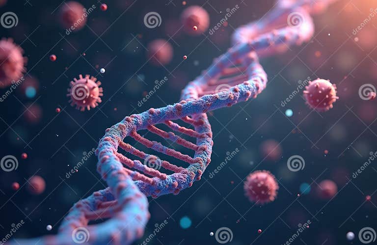 3D Illustration Shows DNA Helix Interacting with Floating Molecules ...