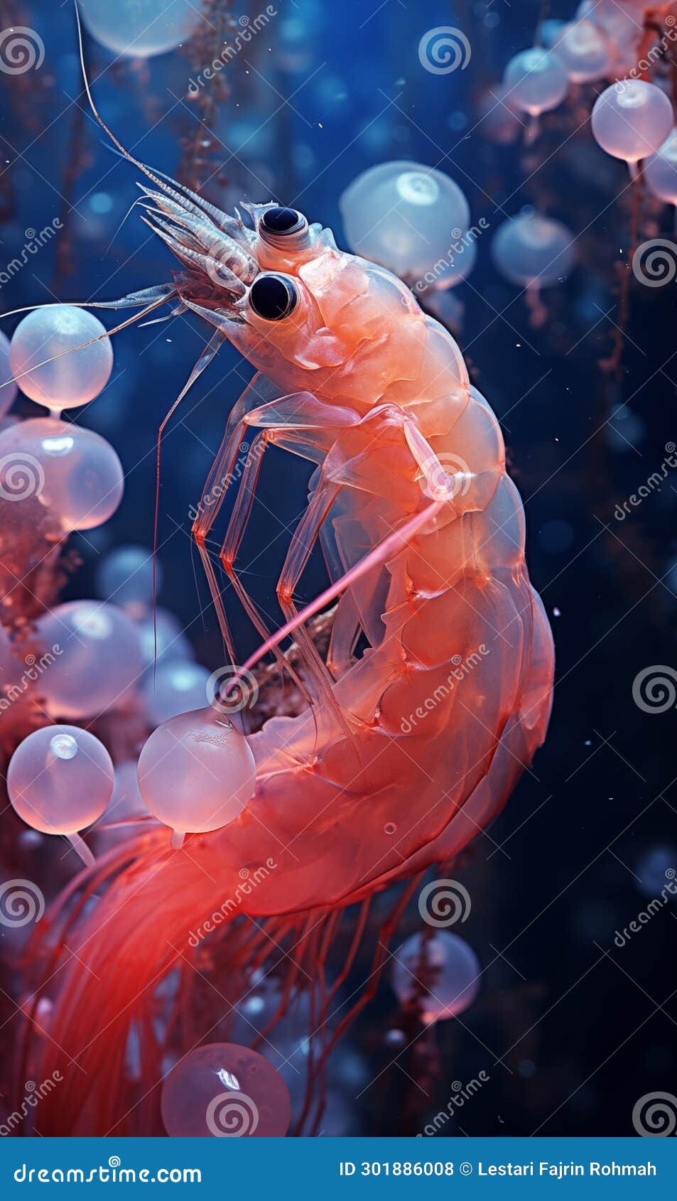 3D Illustration of a Shrimp in the Sea with Bubbles Stock Illustration ...