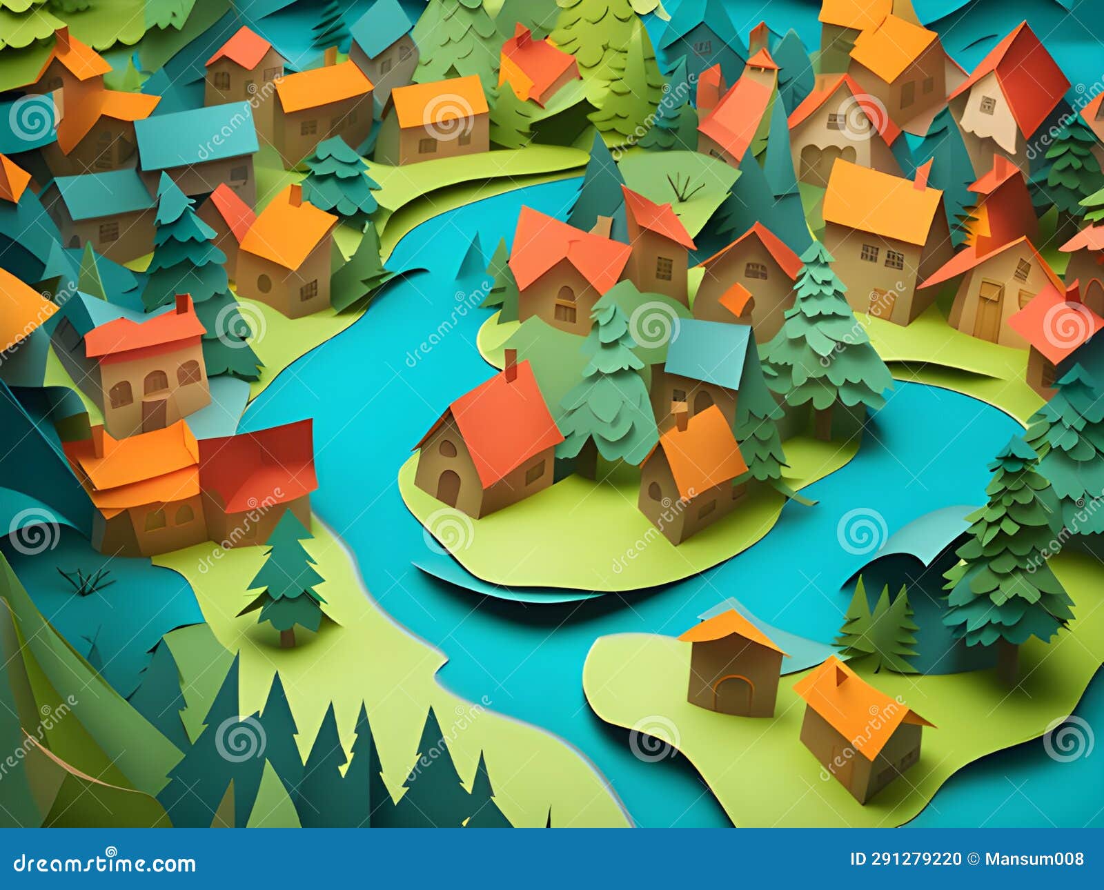 3d Illustration of Small Town, Paper Cut Style Stock Illustration ...