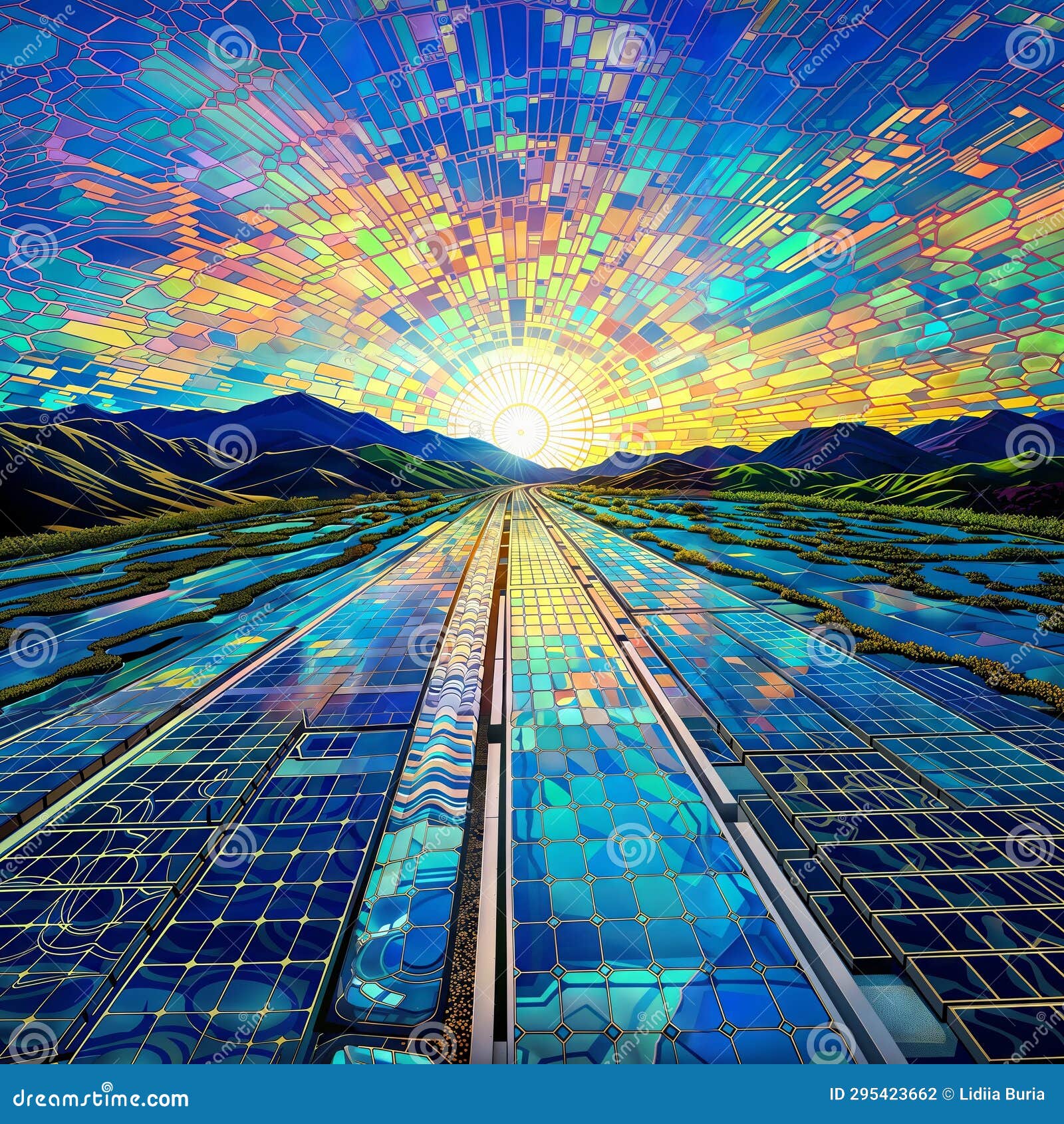 Solar Panels on the Road in the Mountains. 3D Illustration., Generative ... Solar Panels on the Road in the Mountains. 3D Illustration., Generative ...