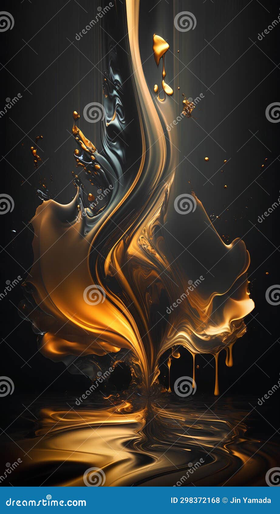 3d Illustration of a Splash of Liquid Gold Color with Reflection on the ...