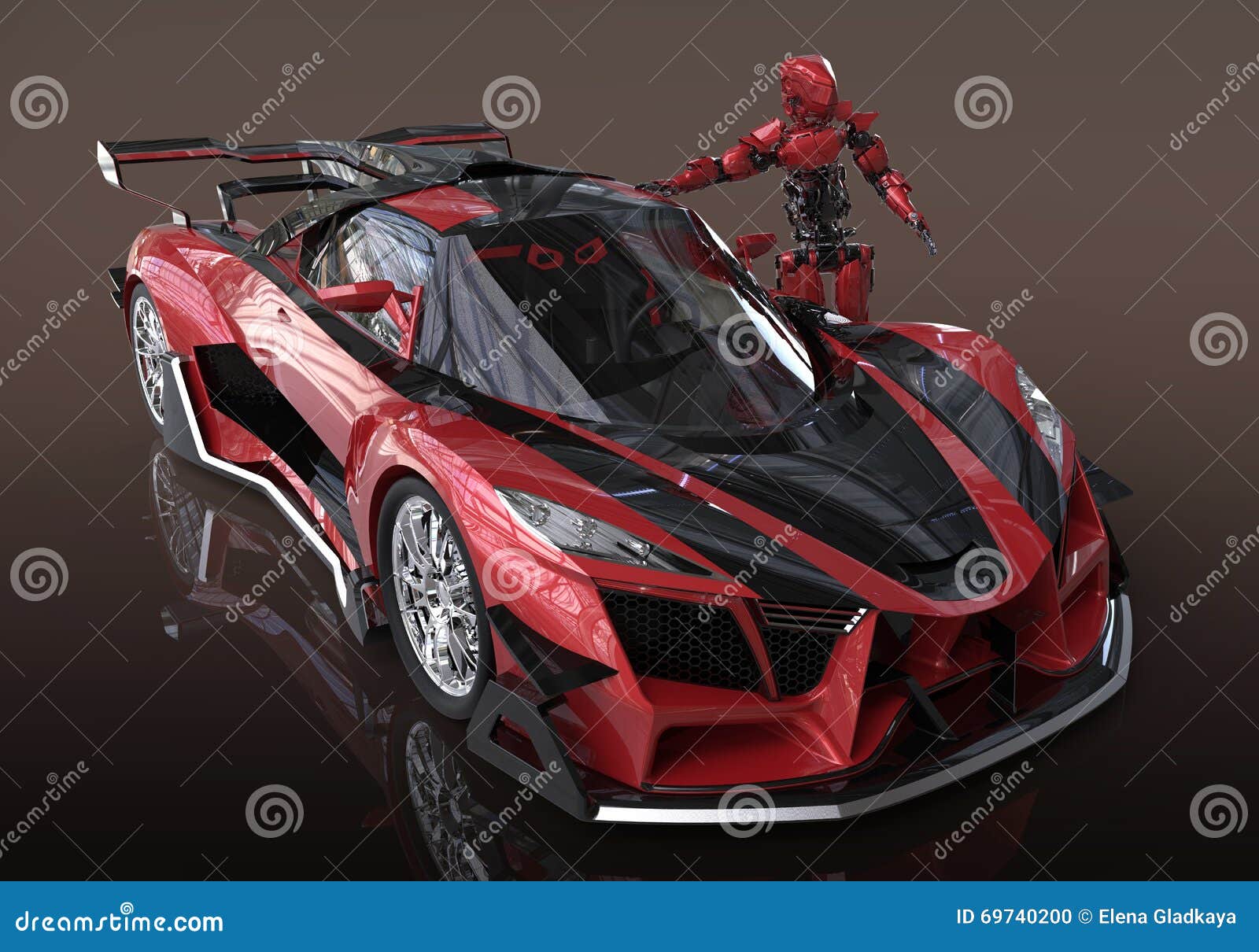 3D Illustration Sport Concept Car and Cyborg Stock Illustration ...