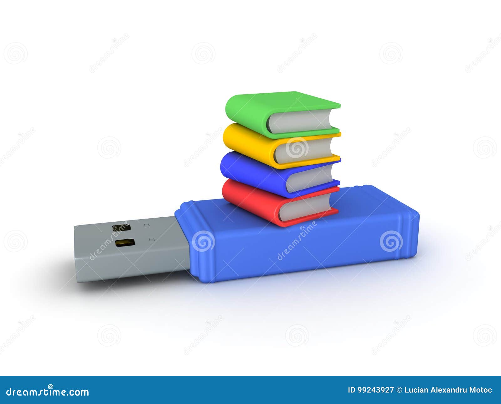 3D Illustration of a Stack of Books on Top of a Giant USB Stick Stock ...