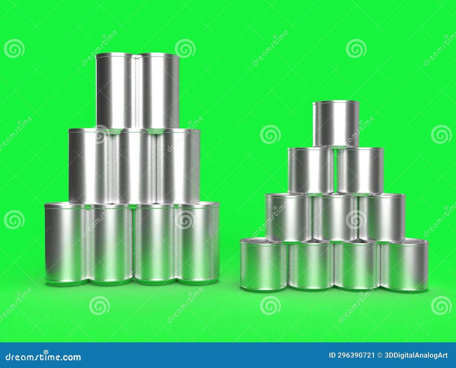 3D Illustration Stacks of Metal Tins - Green Screen Stock Illustration ...
