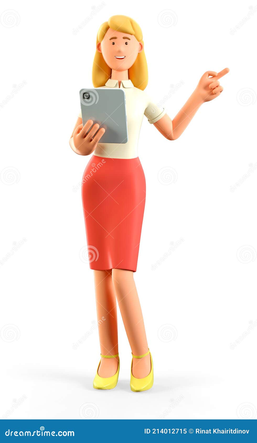 3d Illustration Of Standing Beautiful Blonde Woman Holding Tablet And