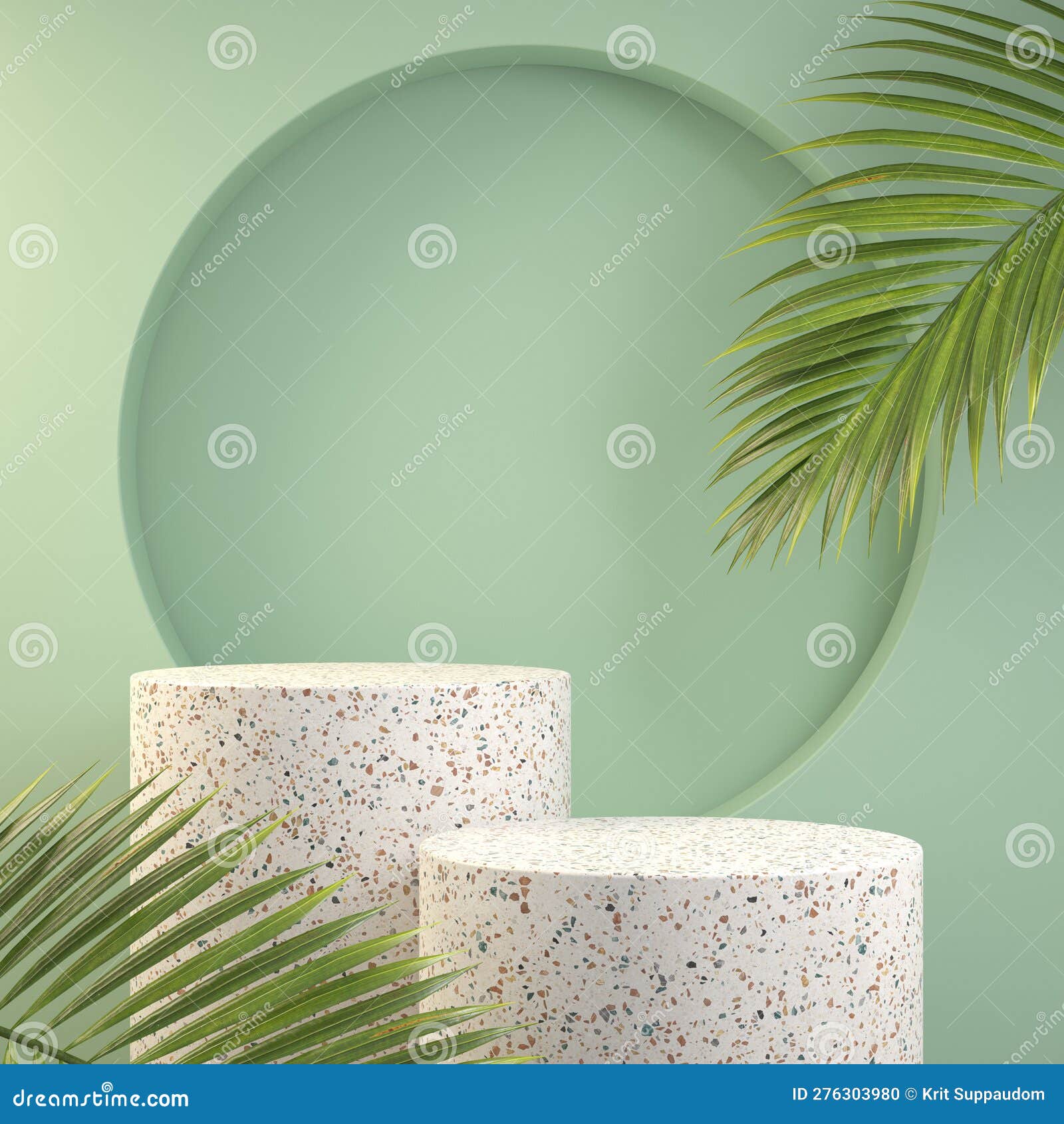 3d Illustration Step Podium Stage with Palm Leaves on Pastel ...