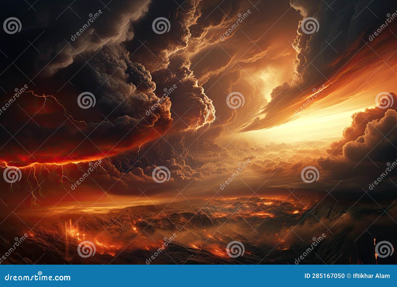3D Illustration Of A Stormy Sky With Lightning And Storm Clouds, A Fire ...