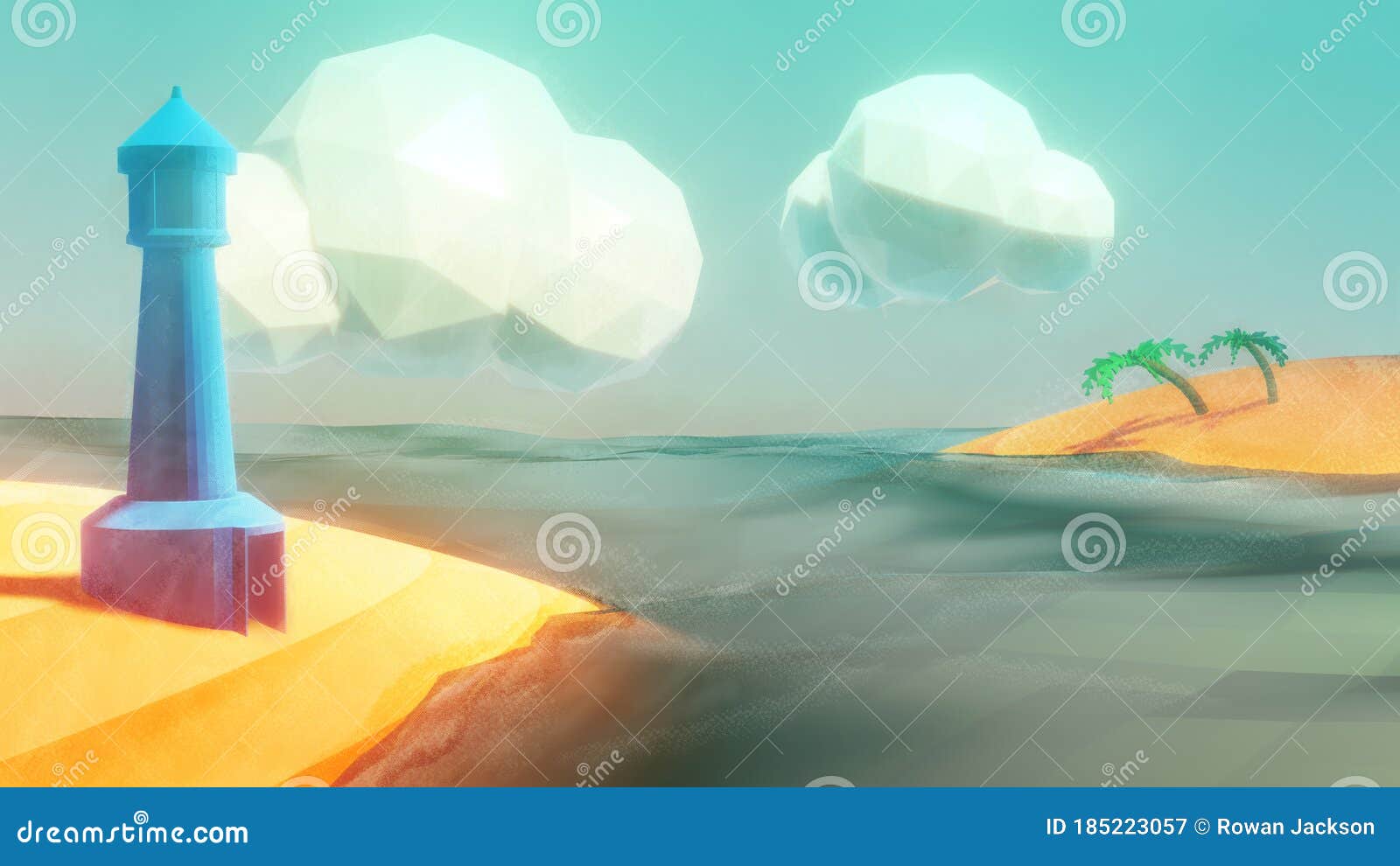 3D Illustration of a Stylised Beach Scene with Lighthouse and Clouds ...