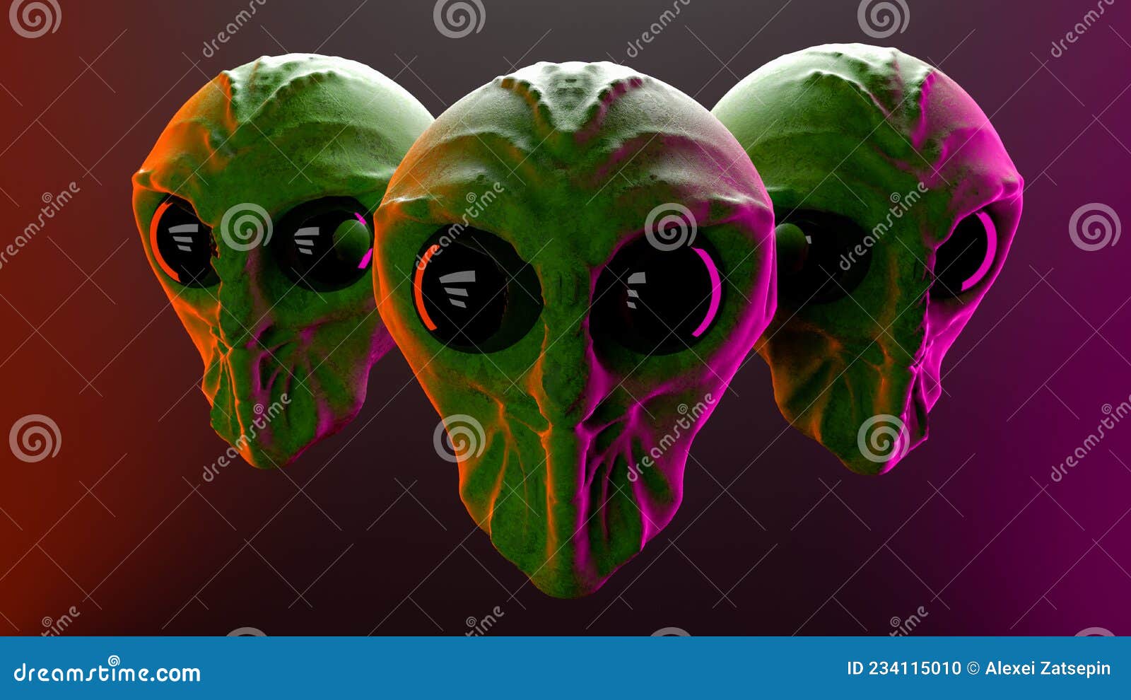3D Illustration Three of Aliens Heads in the Air on a Dark Background ...