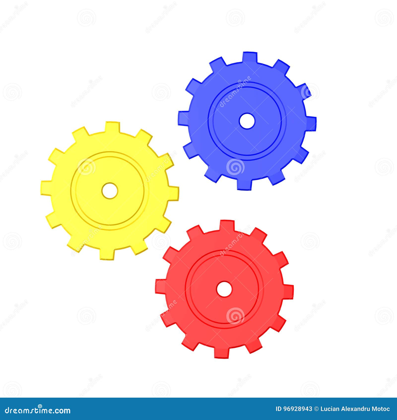 3D Illustration of Three Colored Mechanical Cogs Stock Illustration ...