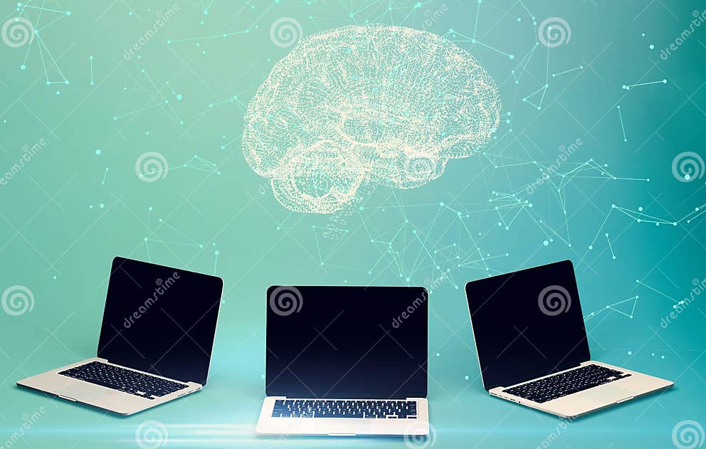 3D Illustration of Three Computers on a Green Background and a Brain ...
