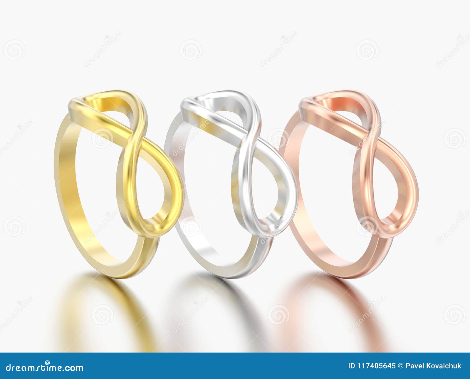 3D Illustration Three Different Gold Simple Infinity Rings Stock ...