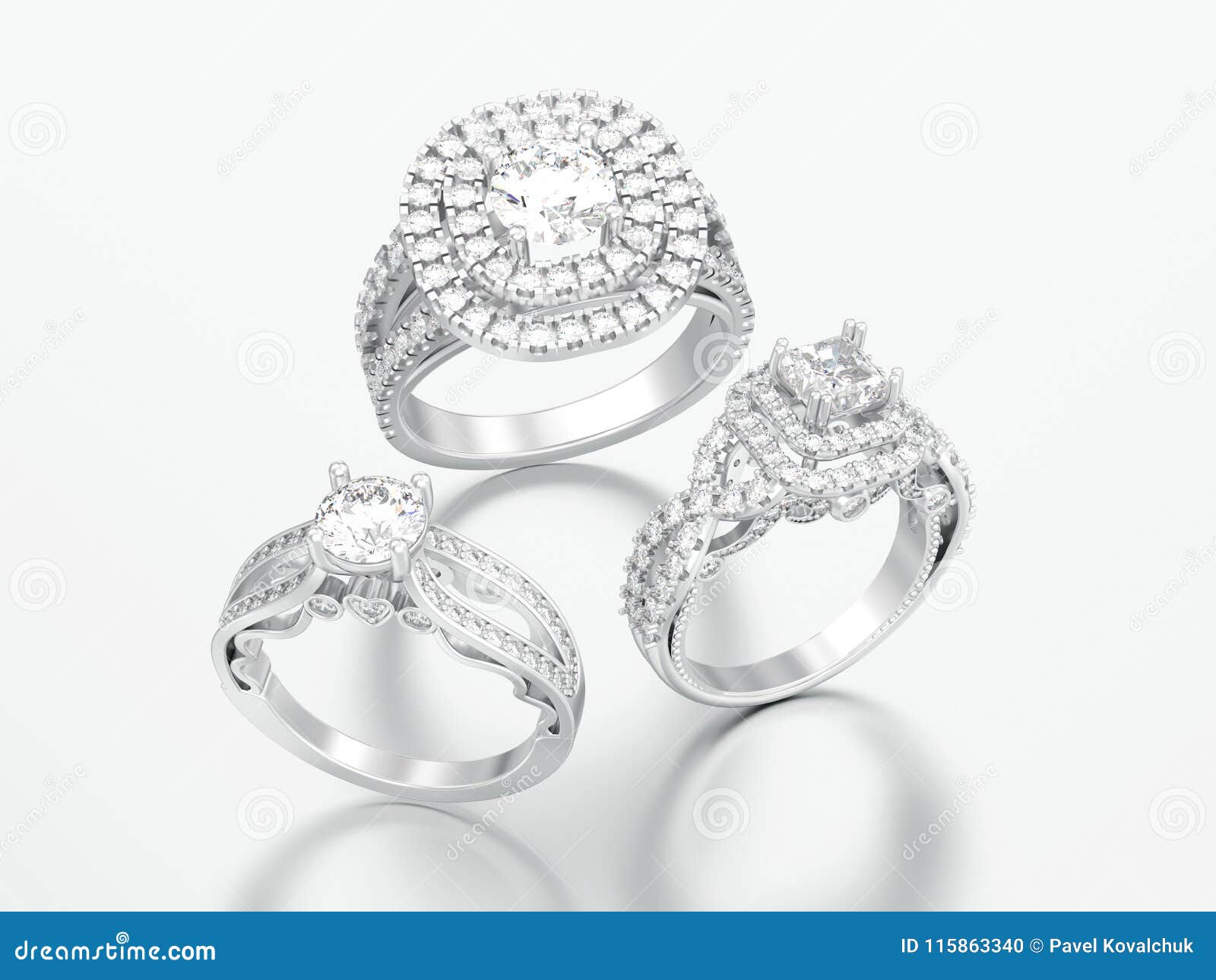 3D Illustration Three Different Silver Decorative Diamond Rings Stock ...